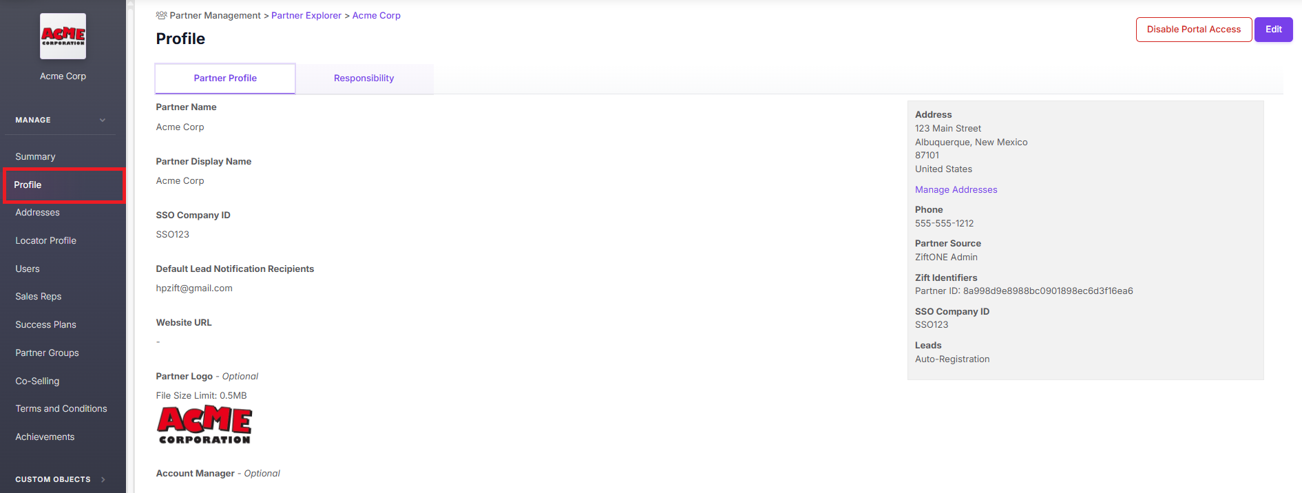 Manage Individual Partner Details – ZiftONE Admin