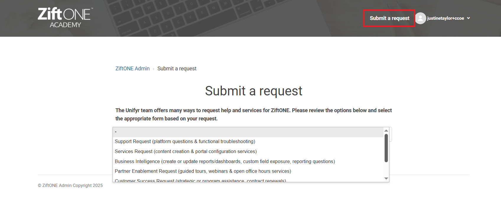 Submit a Request to a ZiftONE Team – ZiftONE Admin