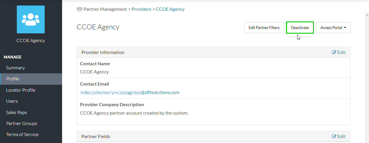 Deactivating a Provider's Account – ZiftONE Admin