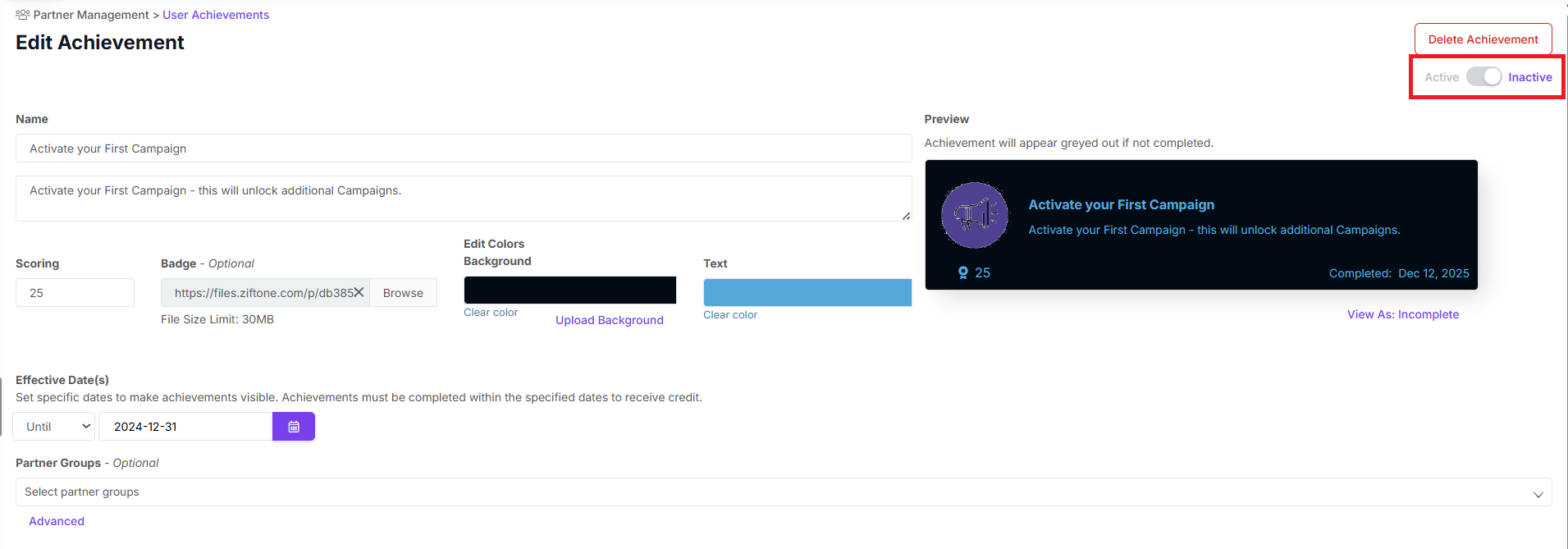 Editing a User Achievement – ZiftONE Admin