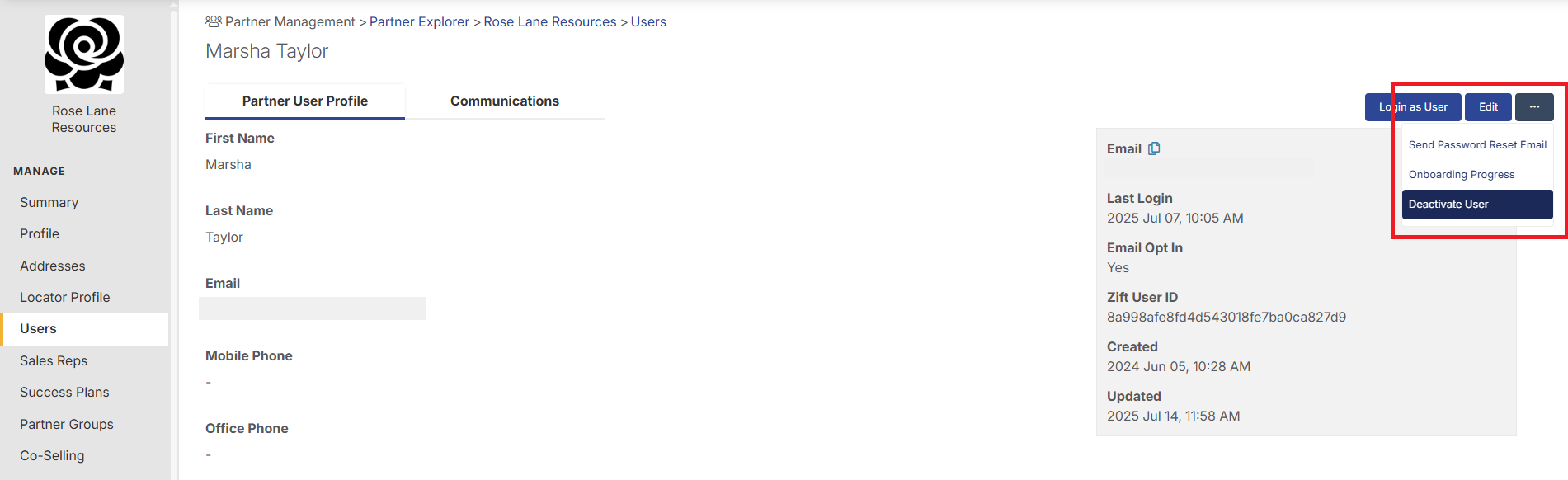 Deactivating / Reactivating a Partner User Account – ZiftONE Admin