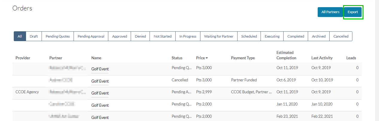 Exporting a List of Provider Orders – ZiftONE Admin