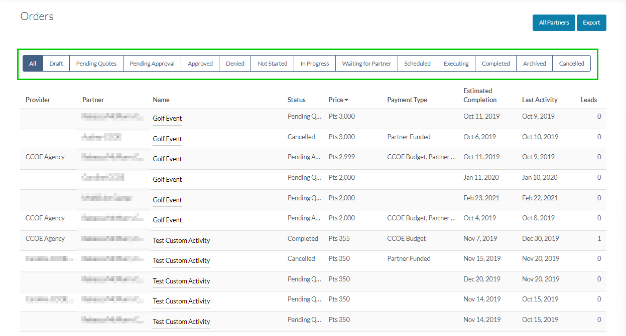 Filtering the Provider Orders List by Status – ZiftONE Admin