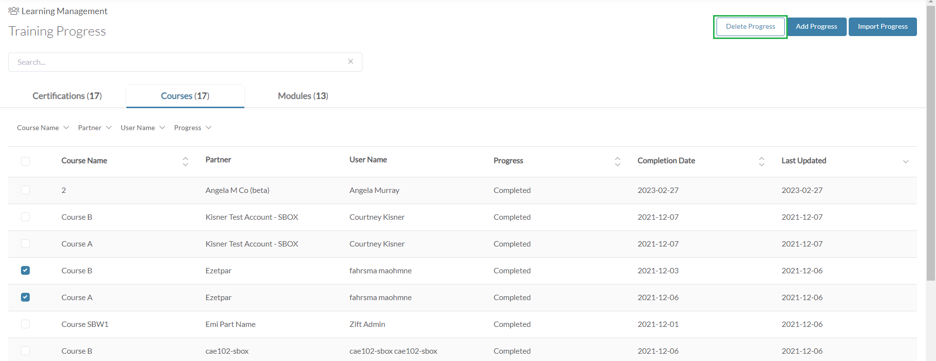 Deleting Users' Training Progress – ZiftONE Admin