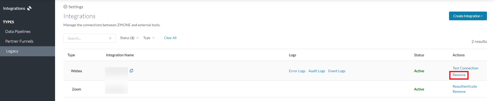 Removing a Webex Integration – ZiftONE Admin