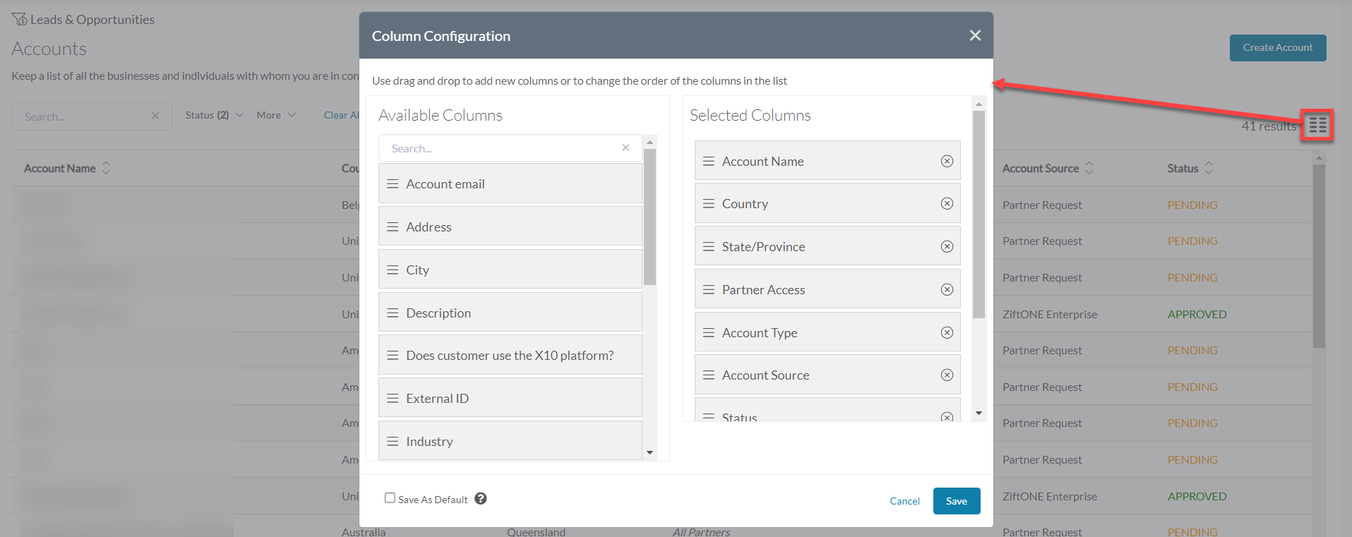 Viewing and Customizing the Customer Accounts List – ZiftONE Admin