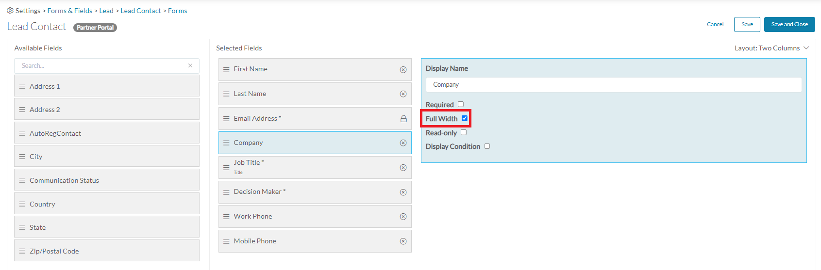 Displaying a Field at Full Width of a Form – ZiftONE Admin