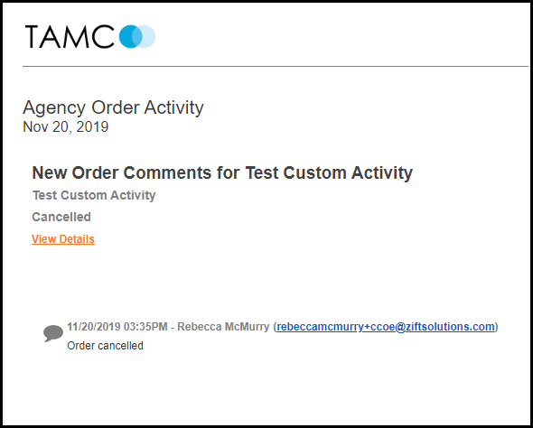 Notification: Custom Activity Order – ZiftONE Admin