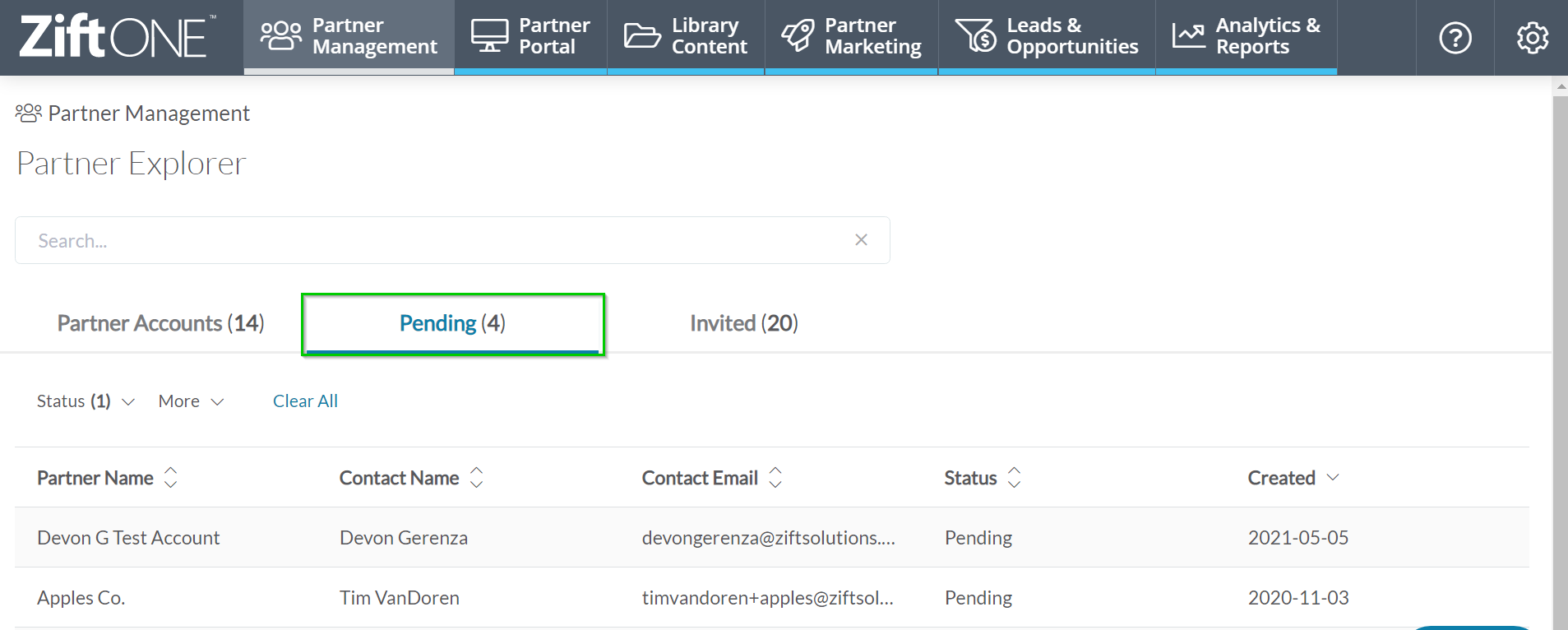 Pending Partners – ZiftONE Admin